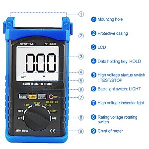 Digital Insulation Resistance Tester, AP-6688B Auto Range Megohmmeter 1999 Counts LCD Display 500/1000/2500/5000V Voltage,1MΩ~200GΩ Resistance Testing with Data Hold Backlit for Motor Cables Switches
