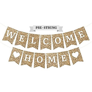Pre-Strung Welcome Home Banner - NO DIY - Gold Glitter Welcome Home Banner - Pre-Strung on 6 ft Strand - Housewarming, Homecoming, & Military Return Party Decorations & Decor. Did we mention no DIY?