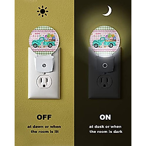 Spring Easter Round Night Lights Plug into Wall, Dusk to Dawn Sensor, Pink Green Plaid Truck Bunny Colorful Eggs LED Night Light for Kids Room, Bedroom, Bathroom, Nursery, Hallway, Stairs