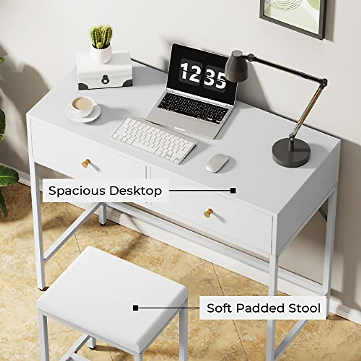 SUPERJARE 35.4" White Desk with 2 Drawers, Modern Makeup Vanity Desk with Padded Stool, Small Computer Desk Home Office Desk for Writing Study Bedroom