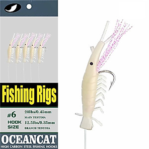 OCEAN CAT 10 Packs Luminous Shrimp Fishing Rigs with String Hooks Glow Fishing Beads High Carbon Hooks for Freshwater Saltwater Fishing Lures Bait Rig Tackle (6#, 10pcs)