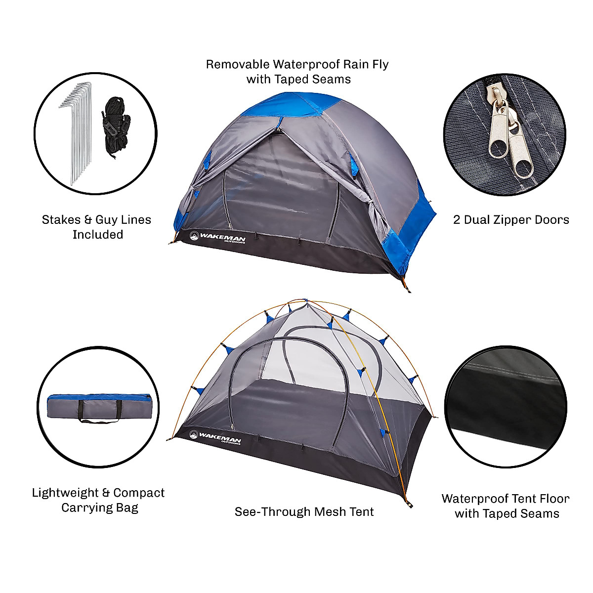 2-Person Backpacking Tent with Waterproof Floor, Rain Fly, Taped Seams and Carry Bag - Lightweight Tent for Backcountry Camping by Wakeman Outdoors