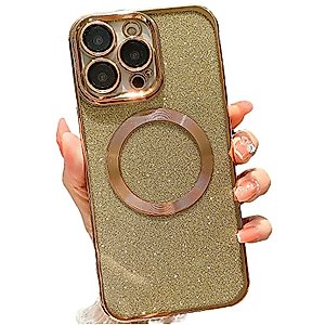 wahhle Magnetic Case for iPhone 13 Pro Max, Luxury Plating Cute Bling Phone Clear Cover with Glitter Card Compatible with Magsafe for Women Girls with Camera Protector（iPhone 13 Pro Max,Gold）