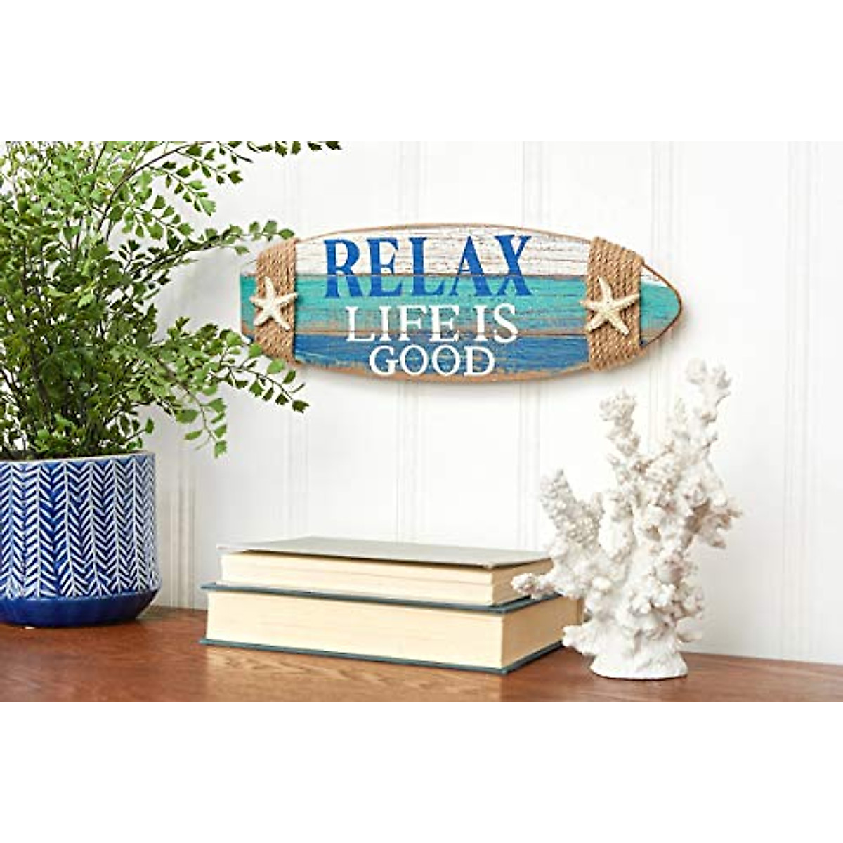 Beachcombers Relax Life is Good Surfboard Shape Coastal Plaque Wall Sign with Starfish Wall Hanging Decor Decoration for The Beach Blue