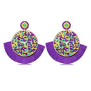 Mardi Gras Earrings Beaded Purple Green Gold Earrings Handmade Statement Drop Dangle Earrings for Women Party Gifts