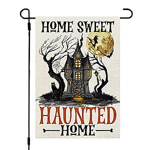 CROWNED BEAUTY Halloween Haunted Home Garden Flag 12x18 Inch Small Double Sided Burlap Holiday Seasonal Welcome Yard Outside