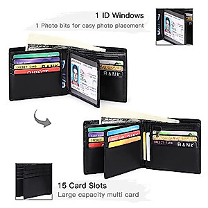 GOIACII Wallets for Men Genuine Leather RFID Blocking Bifold Wallet With ID Window and 16 Credit Card Pockets