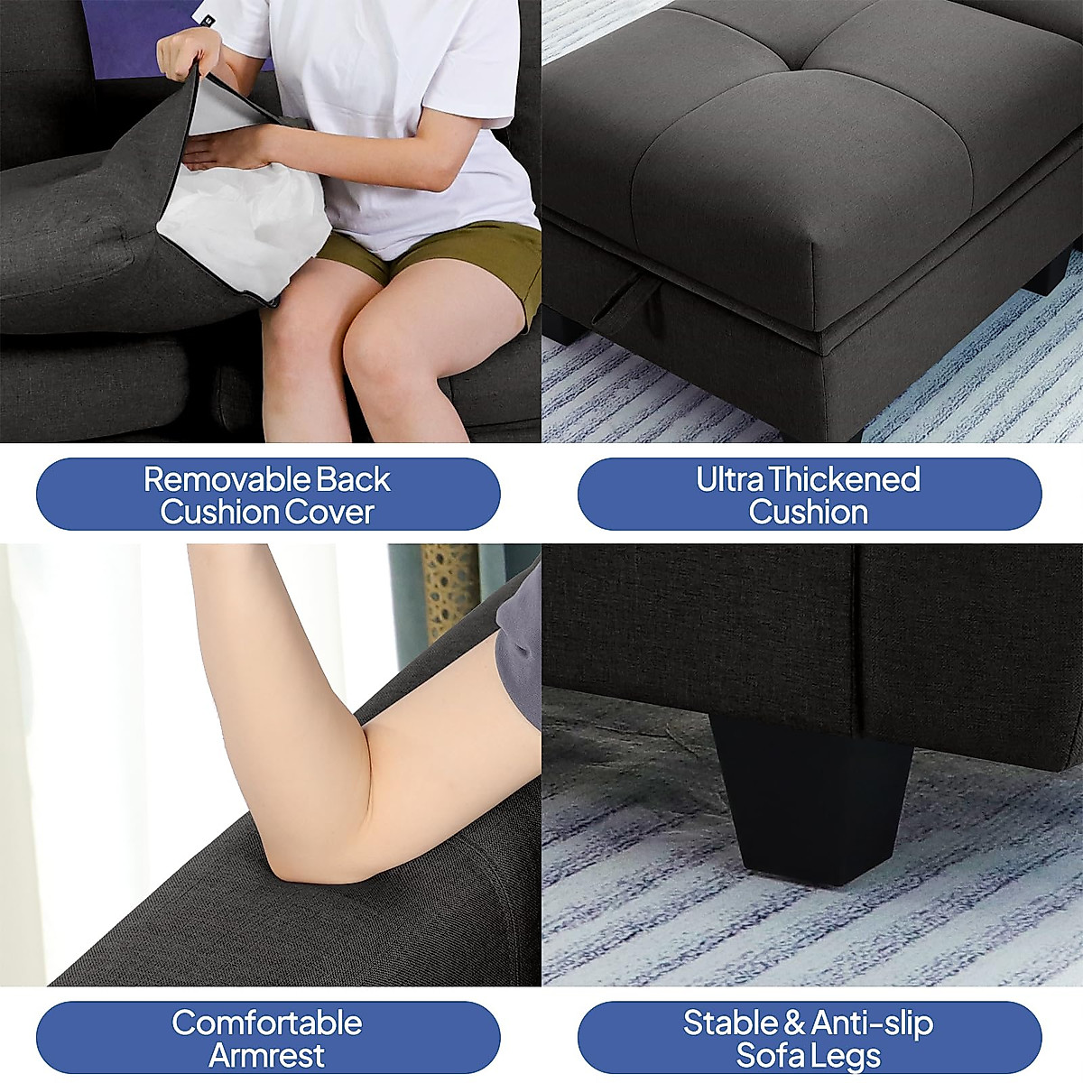 Arathorn Modular Sectional Sofa with Ottoman Oversized U Shaped Sofa Couch with Reversible Chaise, Convertible Sofa Bed Sleeper Modular Sofa Sectional Couch for Living Room, Dark Grey