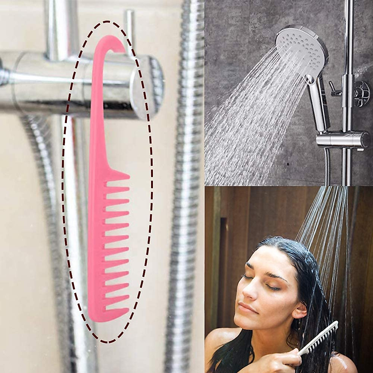 2 PCS Ancgreen Wide Tooth Comb Detangling Comb Shower Comb with Hook Hair Comb Brush for Women Curly/Wet/Dry/Long/Thick Hair (Pink)