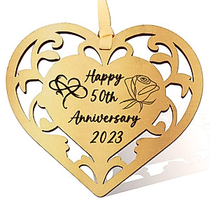 Happy 50th Anniversary 2023 Engraved Heart Wooden Quote Hanging Ornament Party Decorations Supplies Gifts for Husband Wife Boyfriend or Girlfriend Anniversary Valentines Day Romantic Gifts for Her Him