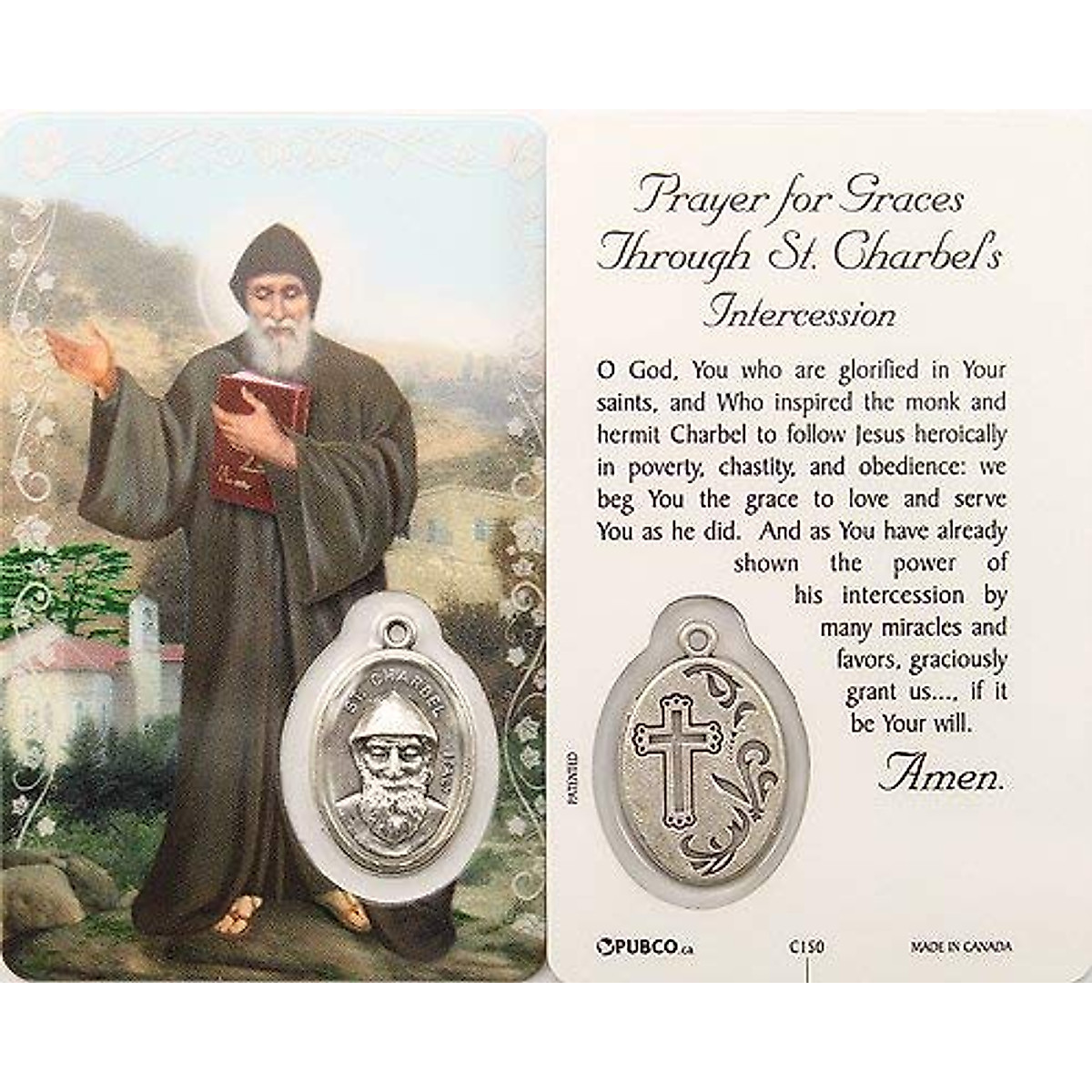 VILLAGE GIFT IMPORTERS Premium assorted Holy Cards with Medal | Catholic Saints and Prayers with medals (St. Charbel's Intercession)