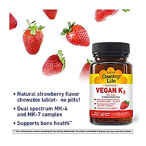 Country Life Certified Vegan K2 500 mcg - 60 Chewables - Strawberry Flavor - Dual Spectrum MK-4 and MK-7 Complex
