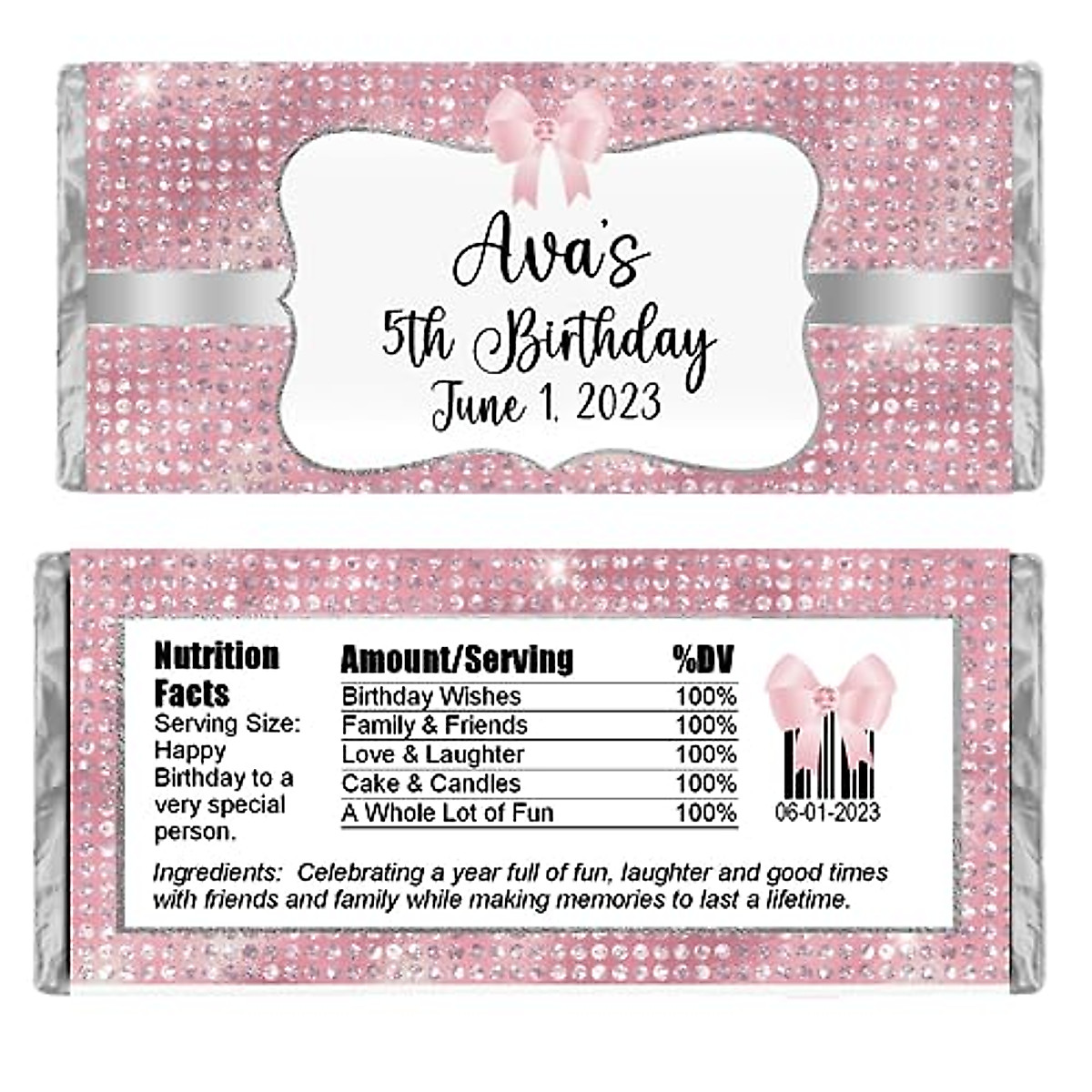 Personalized Candy Wrappers for Chocolate, Birthday Party Favors, Pack of 20 Custom Hershey Bar Labels (Pink)