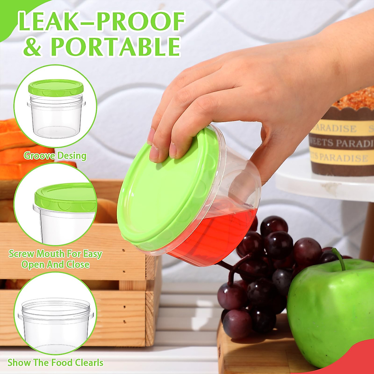 Maxcheck 18 Pcs 34/17/8.5 oz Meal Container Twist Cap Food Storage Containers Sturdy Plastic Snack Containers Reusable Round Freezer Containers for Food(Green)
