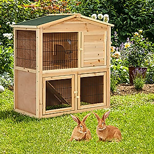 PETSITE 2 Story Rabbit Hutch Indoor Outdoor, Wooden Bunny Cage Pet House for Small Animals