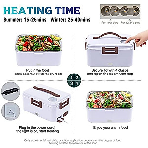 Suewow Electric Lunch Box 80W Food Heater 1.8L Portable Leak proof Self Heating Lunch Box 12V 24V 110V Faster Heated Lunch Boxes for Car/Truck/Home Self Heating Box 304 Stainless Steel Container