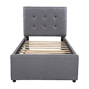 CJLMN Modern Twin Size Linen Upholstered Platform Bed with Trundle and Headboard,Wooden Bed Frame for Kids Teens Adults,No Box Spring Needed