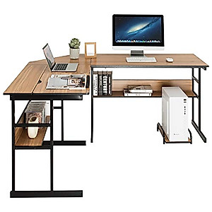 Tangkula L-Shaped Drafting Desk, Corner Computer Desk with Bottom Bookshelves & CPU Stand, Drafting Drawing Table with Tiltable Desktop, Computer Workstation Home Office Desk