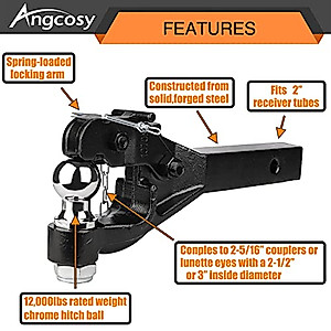 ANGCOSY 10-Ton Pintle Hook Trailer Hitches Receiver Hook Combination 2-5/16” Hitch Ball, 20000 lbs, 15-1/2” Length
