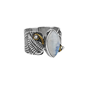YoTreasure Rainbow Moonstone Solid 925 Sterling Silver Brass Wide Band Boho Ring