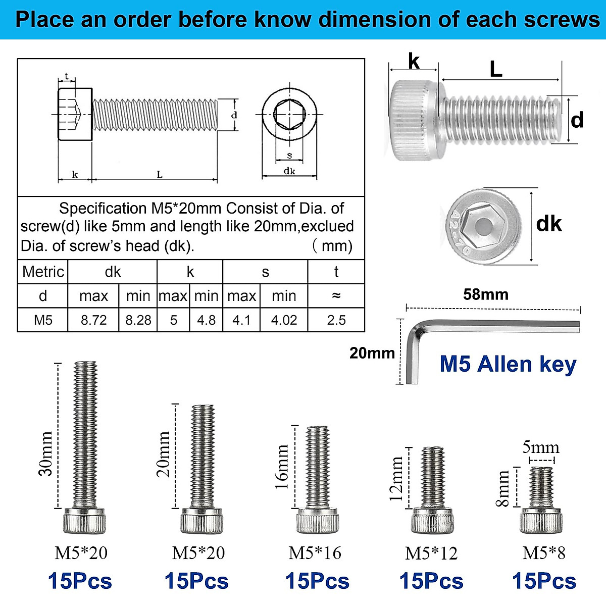HanTof 75Pcs Hex Socket Head Cap Screws Bolts, 304 (18-8) Stainless Steel, Metric M5 x 8/12/16/20/30mm Allen Head Hex Drive Machine Screws Set with Hex Wrenches, Fully Threaded Pitch: 0.8mm