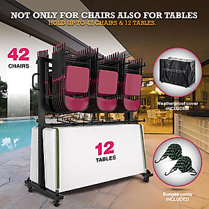 Folding Chair Rack - Folding Chair Cart | Folding Chair Storage Rack on Wheels - Foldable Chair Holder and Table - Heavy Duty Chair Dolly | Mobile Trolley with 84 Chairs Capacity & Outdoor Cover