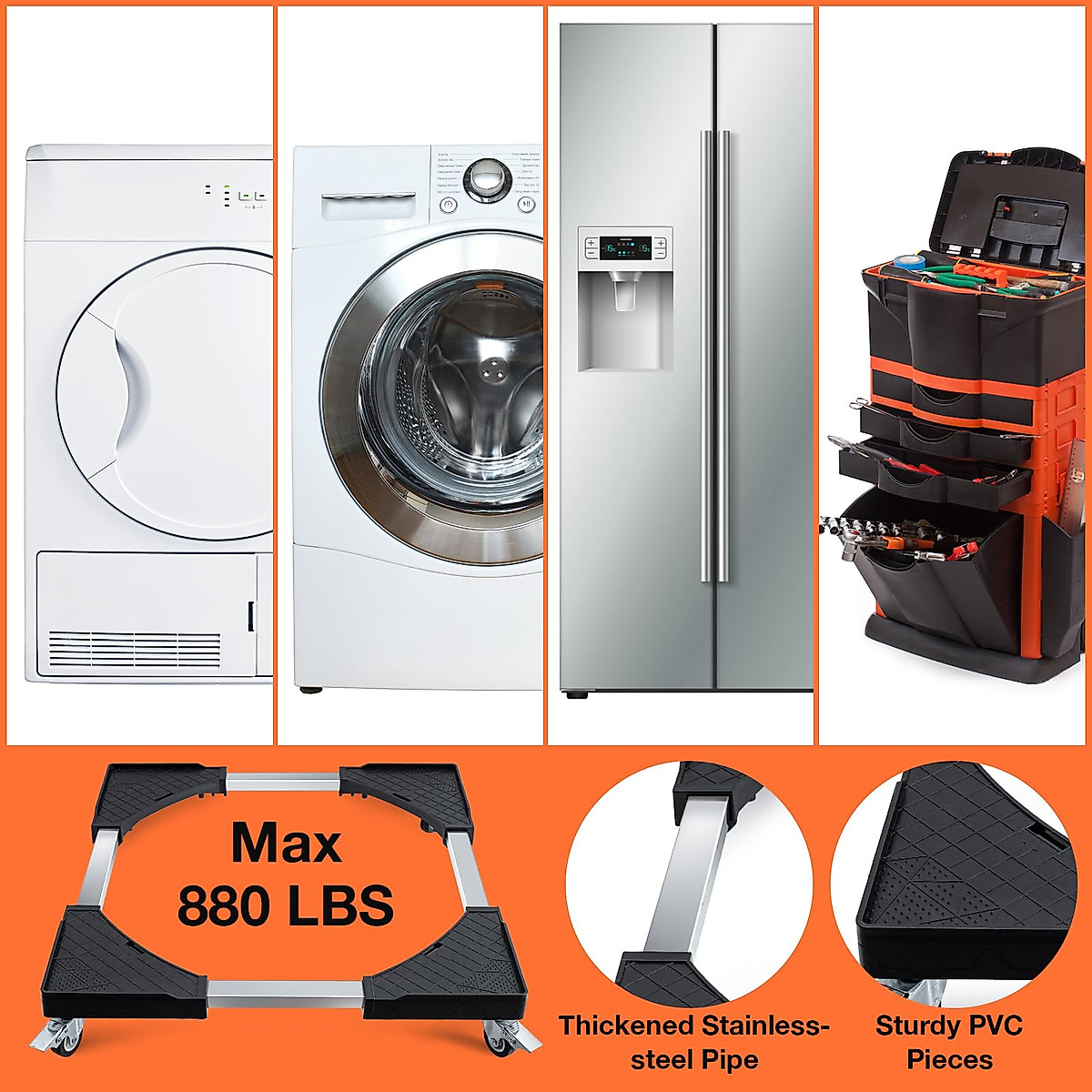 Furniture Dolly Cart Appliance Mini Fridge Stand Adjustable Washing Machine Stand Furniture Moving Roller with 2 Locking Swivel Wheels Universal Mobile Base Moving Wheel Cart for Dryer Refrigerator