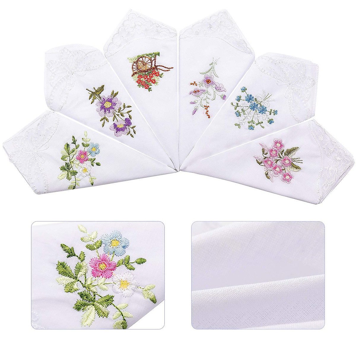 Geyoga 18 Pieces Ladies Cotton Handkerchiefs Flower Embroidered with Lace Colored Embroidered Handkerchiefs for Women (Classic Styles)