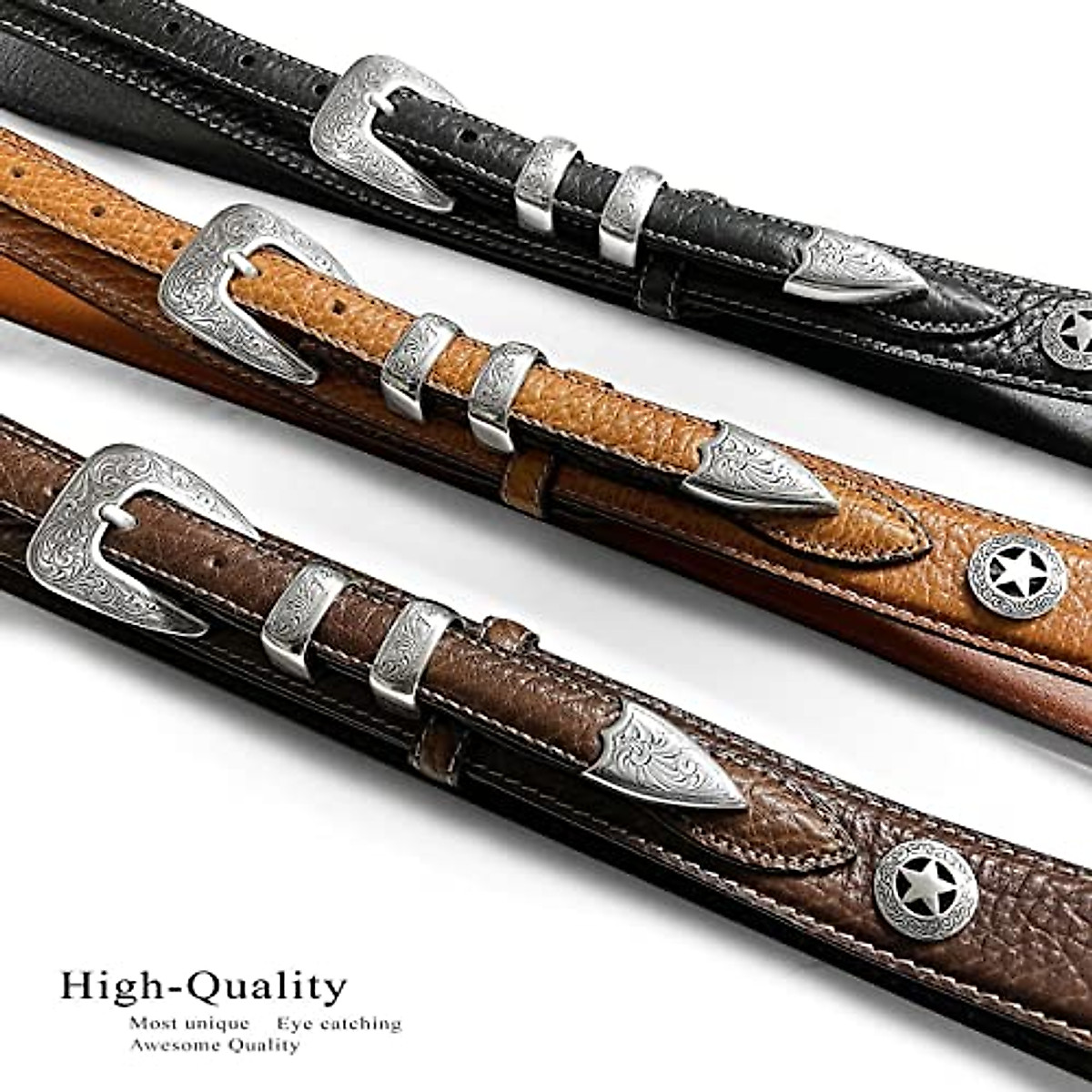 Silver Engraved Ranger Star Concho Genuine Leather Western Ranger Belt (Black, 36)