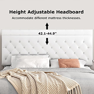 Keyluv Upholstered Platform Bed Frame with Button Tufted Headboard, Faux Leather, Wooden Slats Support, No Box Spring Needed, Easy Assembly, Full Size, White