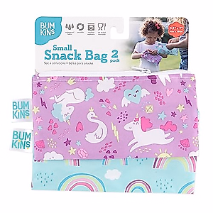 Bumkins Snack Bags, Reusable Fabric, Washable, Food Safe, BPA Free - Unicorns & Rainbows (2-Pack)