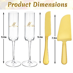 JUSTOTRY Wedding Cake Cutting Knife And Server Set Engraved Gold Mr And Mrs Champagne Flutes Glasses Bride And Groom Champagne Toast For Bridal Shower Engagement Gifts