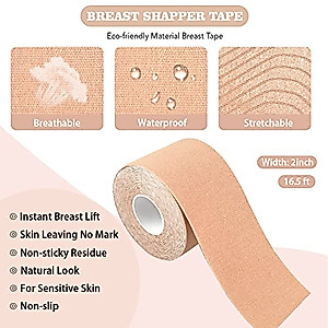 STPRO BoobTape Boobytape for Breast Lift -Achieve Chest Brace Lift-Waterproof Sweat-Proof Bob Tape-2in x16.4ft x2pcs and 5 Pairs Nipple (beige, 2roll)