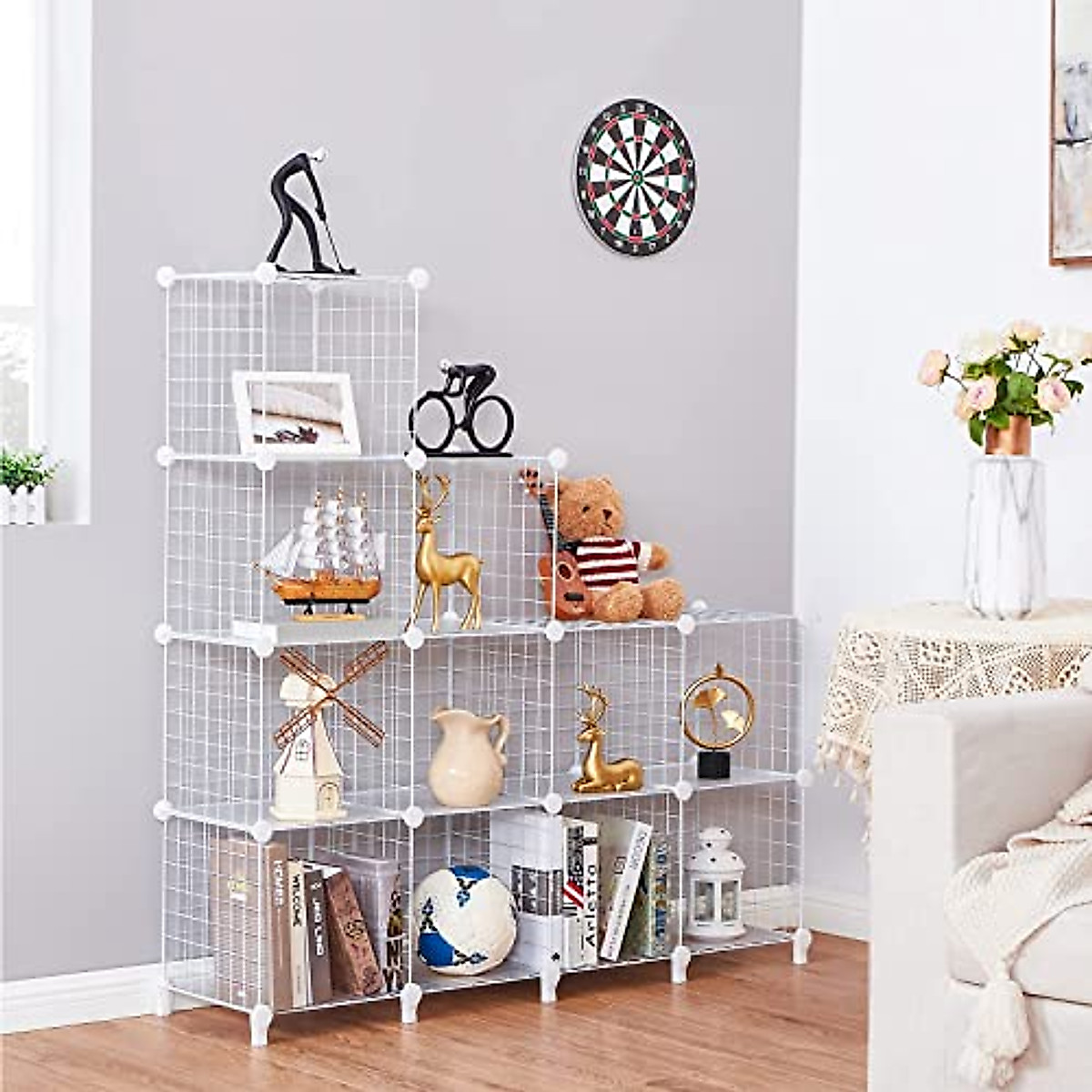 ANWBROAD Wire Cube Storage Organizer 12 Cube Metal Grids Shelves Storage Bins Shelving Stackable Modular Bookshelf Shelf Cubbies Unit Closet Cabinet for Living Room Office White LWT012T