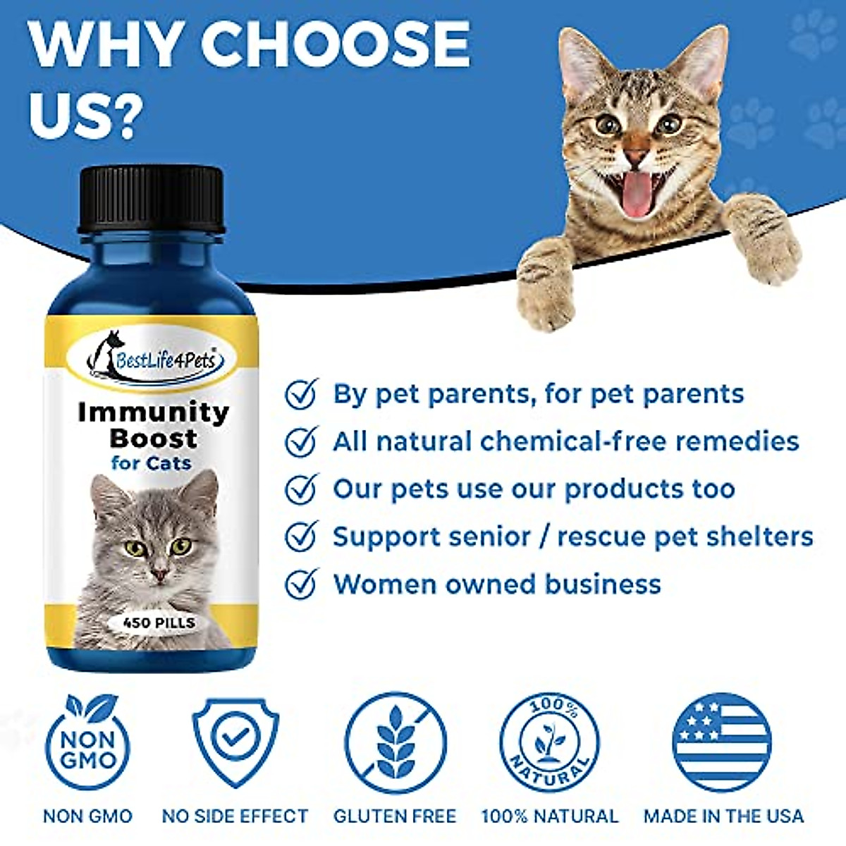 Immunity Boost for Cats Supplement – Helps Your Feline's Respiratory and Digestive System Fight Off Colds and Infections – All Natural, No Fuss Remedy (450 Pills)
