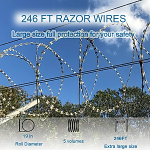 BUYYAH Razor Wire, 246 ft Razor Barbed Wire 5 Coils, 49 ft Per Roll Razor Ribbon Concertina Wire, Galvanized Steel Razor Wire Fencing Razor Fence