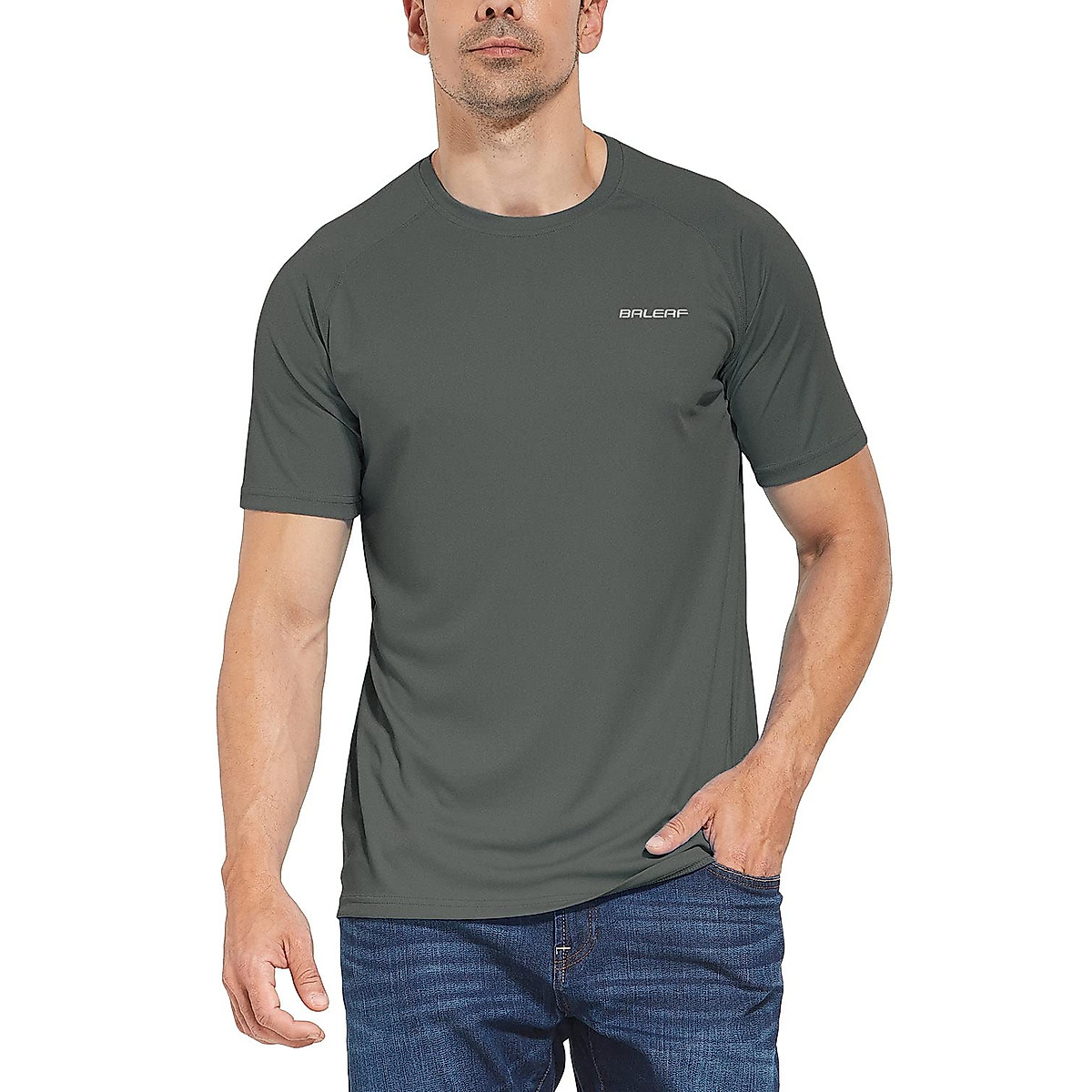BALEAF Men's UPF 50+ Outdoor Running Workout Short-Sleeve T-Shirt Deep Gray Size L