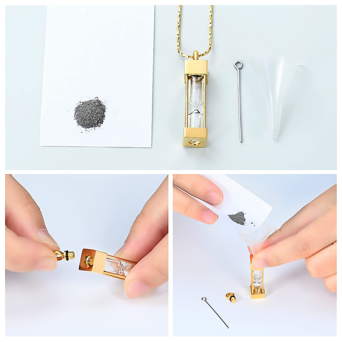 Imrsanl Glass Hourglass Cremation Jewelry Container Vial Urn Necklace Pendant Stainless Steel Cylinder Bottle Memorial Cremation Keepsake Jewelry for Women/Men (Gold)