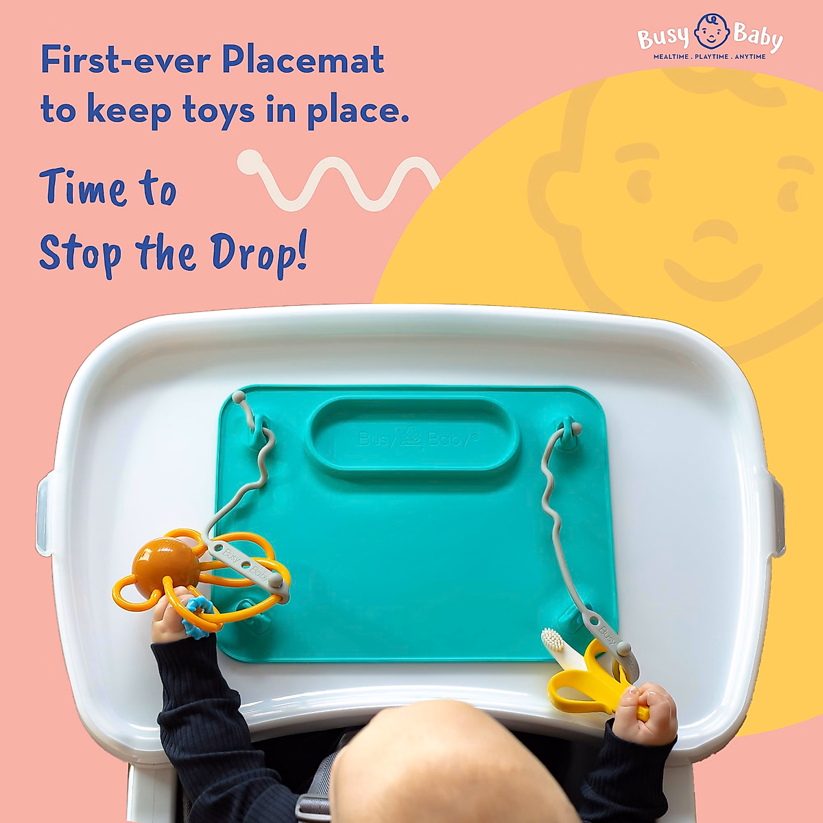 BUSY BABY Silicone Placemat-As Seen On Shark Tank-Built-in Suction Cups-4 Toy Tethers for Babies Toddlers and Kids-Food Grade Silicone-8.5 x 11 in-Comes with Travel Sleeve-Dishwasher Safe-Pewter