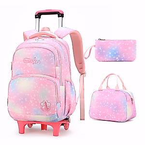 LANSHIYA Dream Princess Wind Rolling Backpack for Girls Wheeled Travel Bag Trolley School Bag Pink Six Wheels