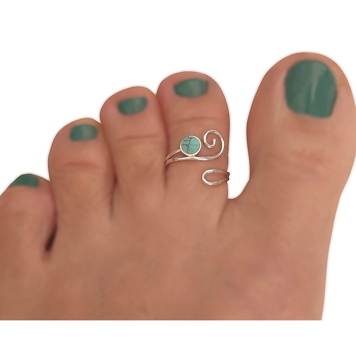 Handmade Silver Swirl & 5mm Turquoise Gemstone Wrap Band Adjustable Toe Ring, 925 Sterling Silver, Classic Dainty Open Toe, Pinky or Knuckle Rings for Women, By MiYa Jewelry Creations