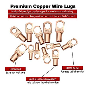 170pcs Battery Cable Closed End and 210pcs Heat Shrink Tubing, Copper Battery Cable Ends for Automotive Supplies AWG 4, AWG 6, AWG 8, AWG 10, AWG 12