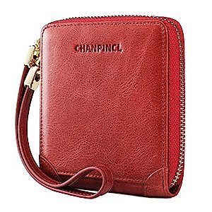 MANBANG RFID Wallets for women Genuine Leather Zipper Purses Secure Large Capacity Multi-card Wallets Clutch Travel Wristlet (Red)