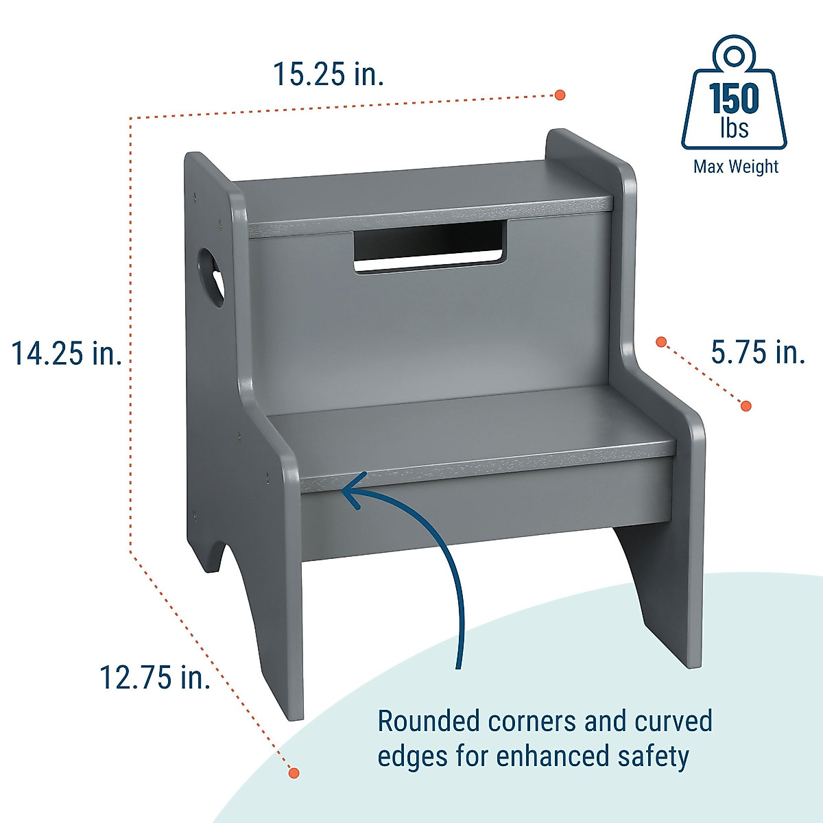 Wildkin Wooden Two-Step Stool for Kids and Adults, Perfect Kitchen Step Stool or Bathroom Potty Stool, Kids Stepping Stool Features Two Convenient Carrying Handles, Ideal for Home Use (Gray)