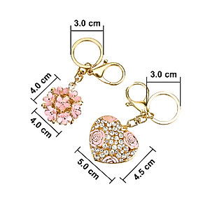 Flower Ball Keychain and Sweet Love Heart Rose Crystal Key Chain for Women Pink Flower Girly Charm Keyring, 2 Pieces, Medium
