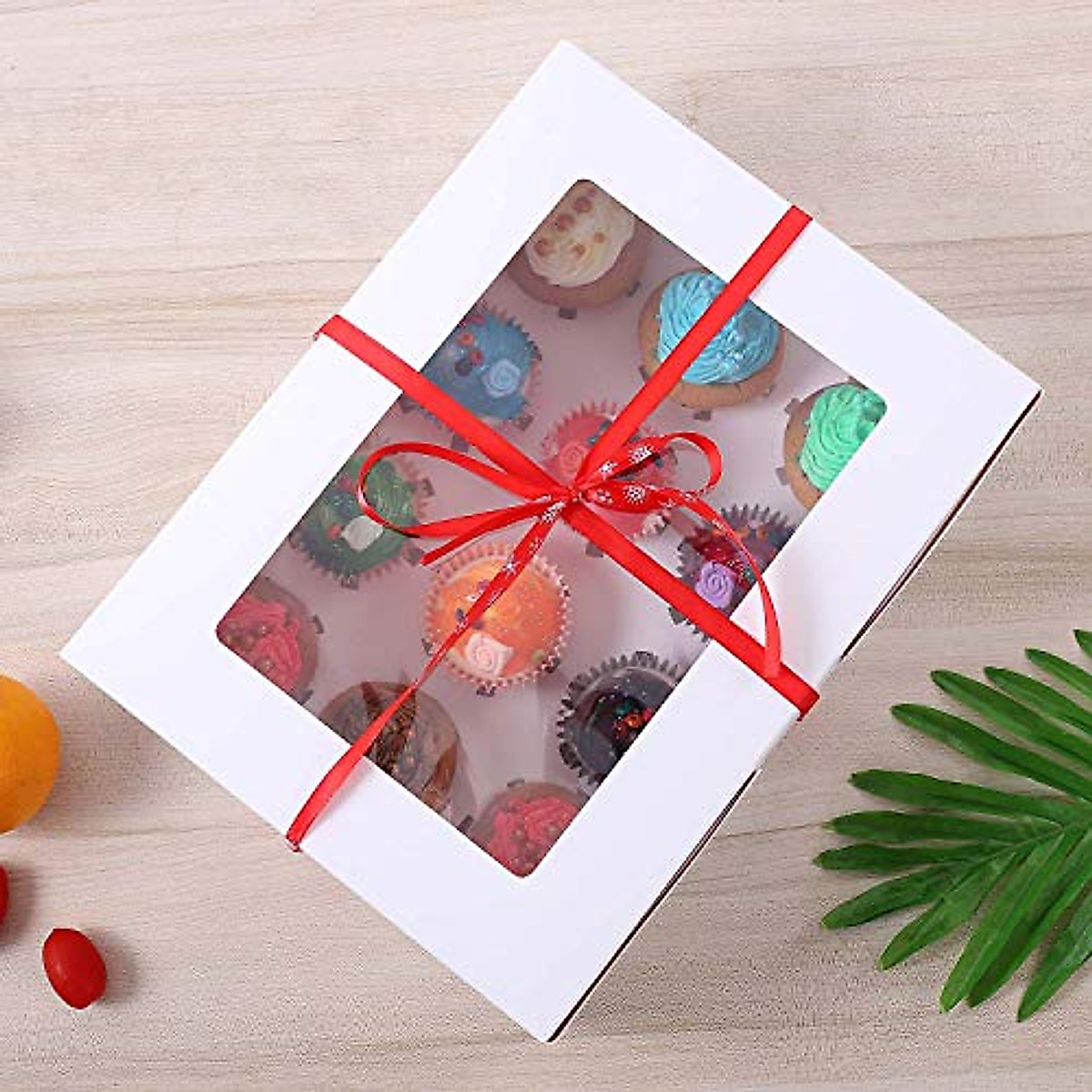 [15-Packs] White Cupcake Boxes 12 Holders Standard Cupcakes, Cupcake Containers Carrie Holders for Cookies, Muffins and Pastries13.8 x 9.5 x 4inch with Inserts and PVC Windows