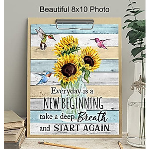 Inspirational Wall Art & Decor - New Beginnings Hummingbirds Sunflowers Rustic Boho Family Wall Art - Inspiration Saying Quotation - Positive Quotes Wall Decor - Encouragement Gifts for Women Woman