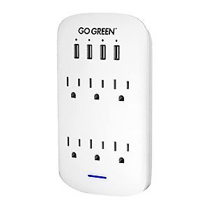 GoGreen Power (GG-16000USB4) 6 Outlet 2.4 AMP USB Wall Tap Adapter with USB Ports and Surge Protection, 735 Joules Surge Rating, White