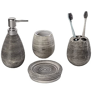 MyGift 4 Piece Textured Ceramic Brown Bathroom Accessory Set Includes Soap Dish, Dispenser, Toothbrush Holder and Tumbler