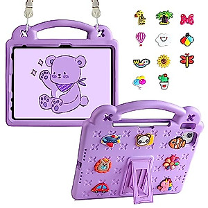 for iPad Air 5th/4th Generation Case,iPad 10th Generation Case 10.9'', iPad Pro 11 Inch Case 2022 2021 2020 with Straps Stand Handle Pencil Holder DIY Accessories,EVA Shockproof Cover for Kids-Purple